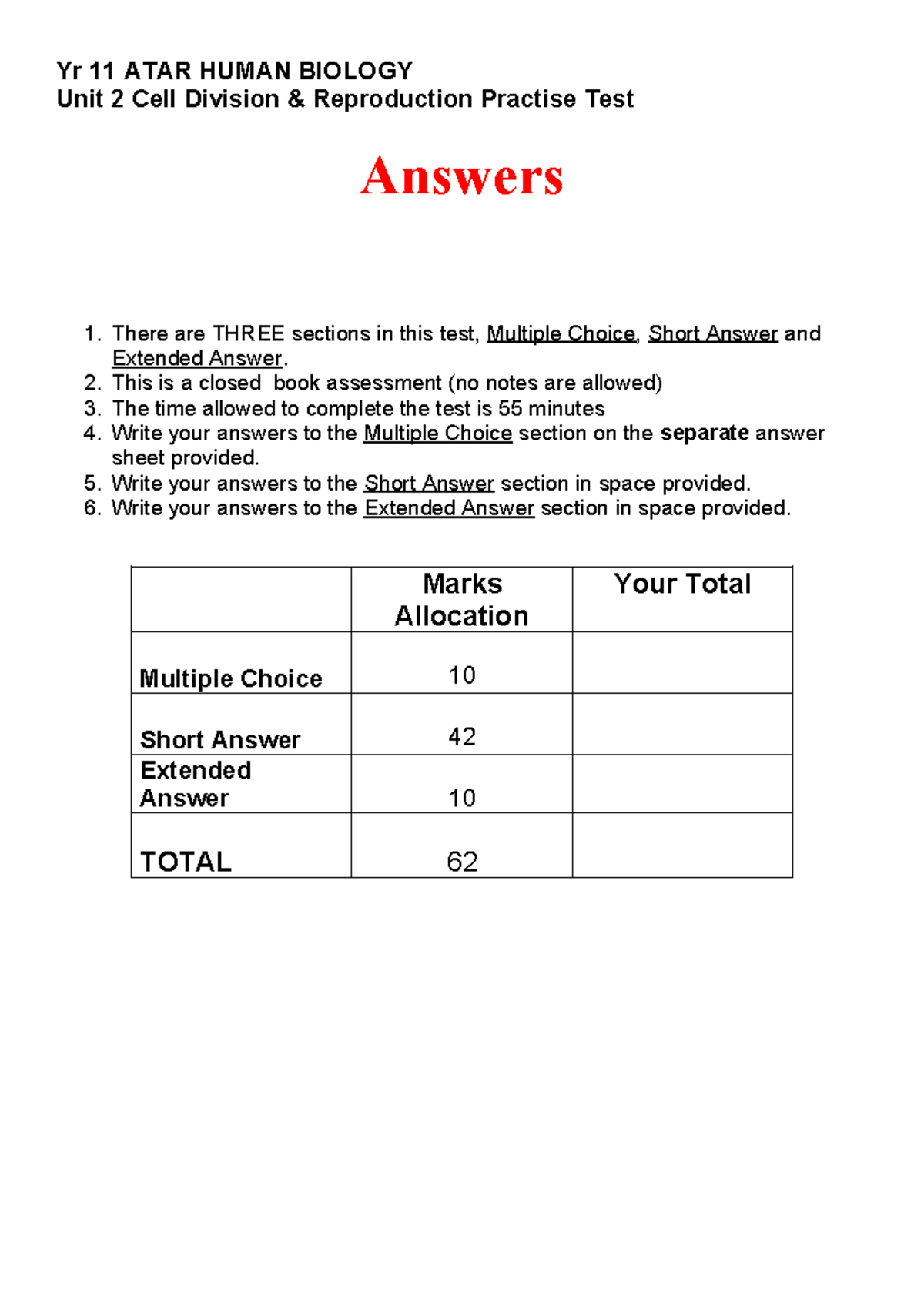 Yr 11 ATAR HUMAN BIOLOGY Unit 2 Reproduction Practice Test Answers ...