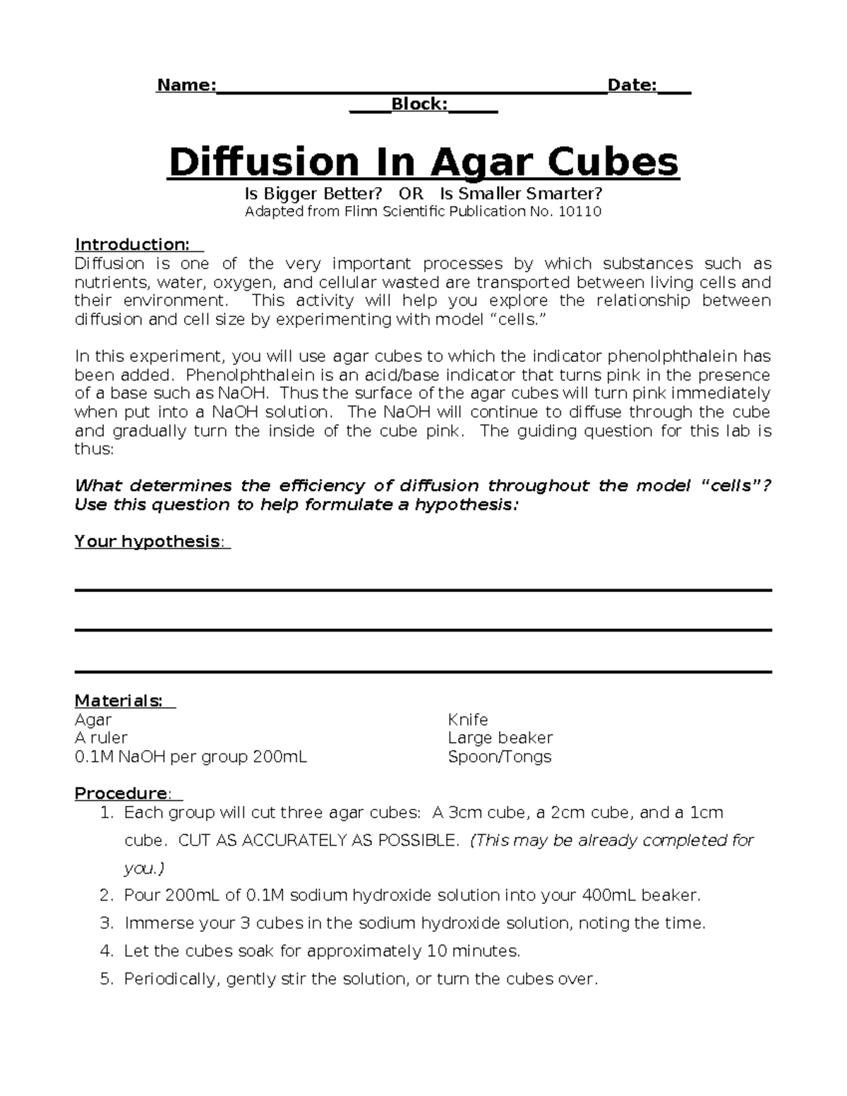 Agar Cube Experiment Notes: Understanding Diffusion in Cells - Studocu