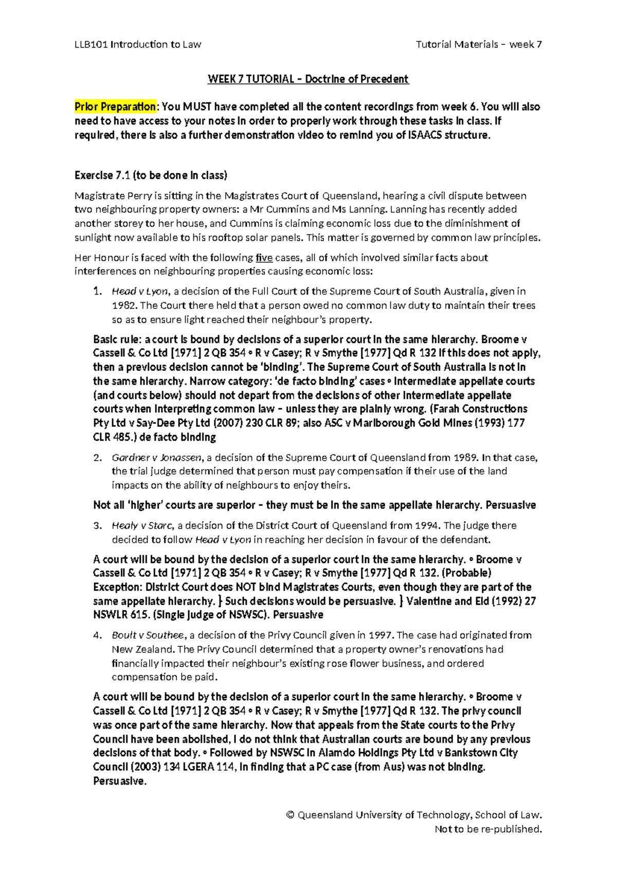 LLB101 Week 7 Tutorial: Doctrine of Precedent Activities - Studocu