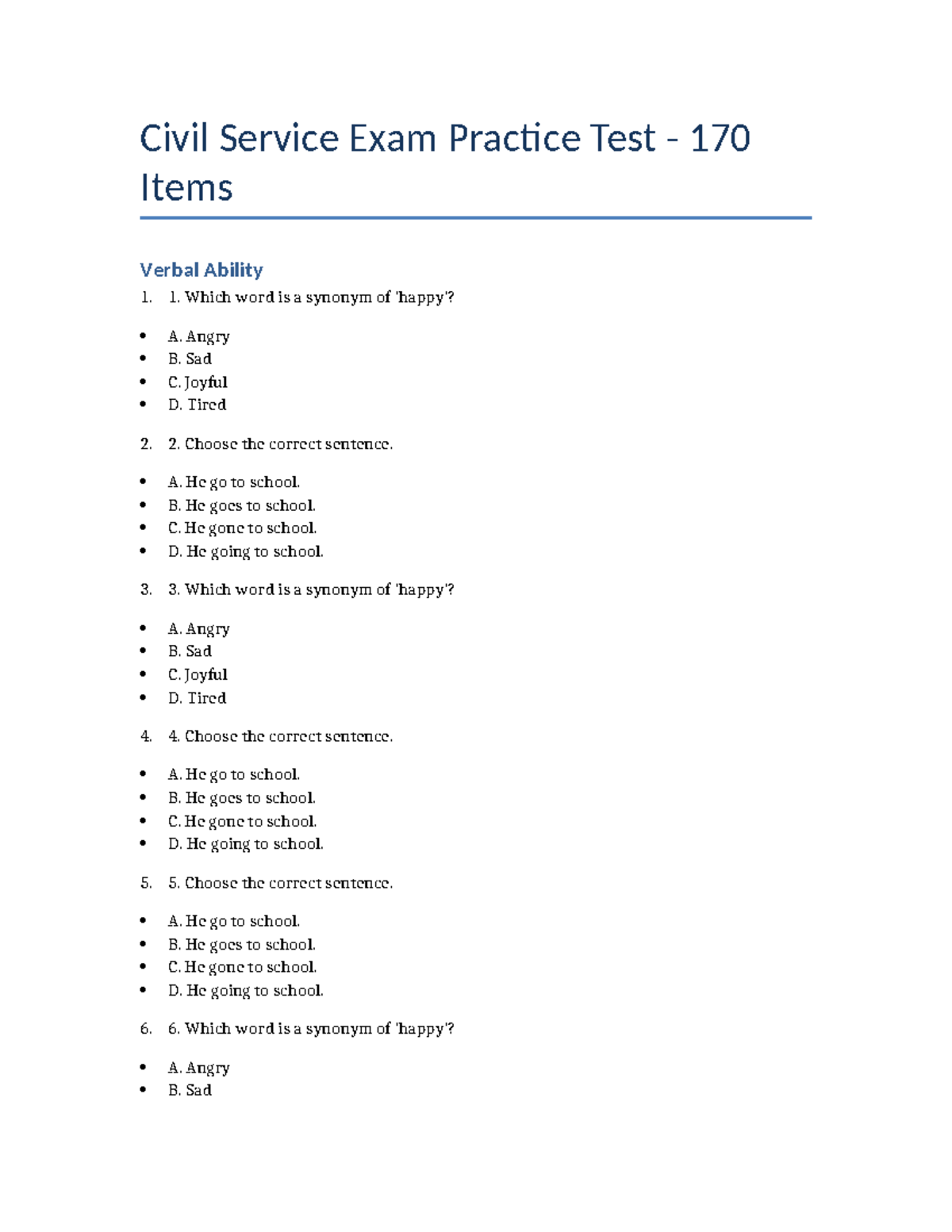 CSE 170 Civil Service Exam Verbal & Numerical Ability Practice Test ...