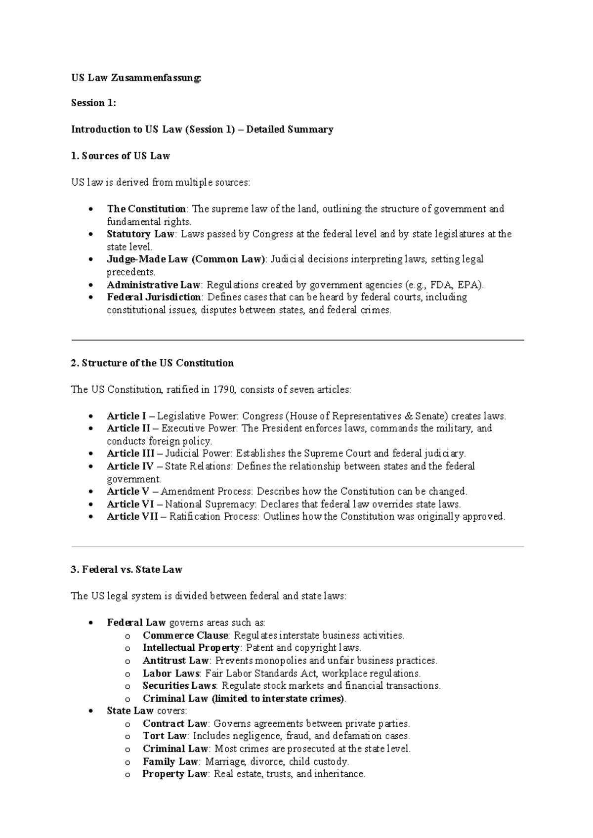 US Law Summary: Session 1 - Introduction to US Law Overview - Studocu