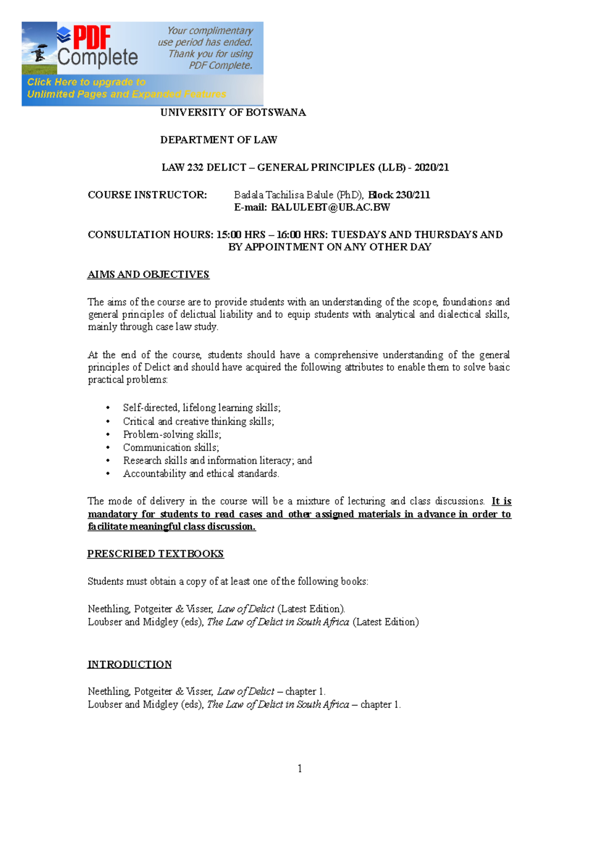 LAW 232 DELICT COURSE OUTLINE - MODULE CONTENT SUMMARY - Studocu