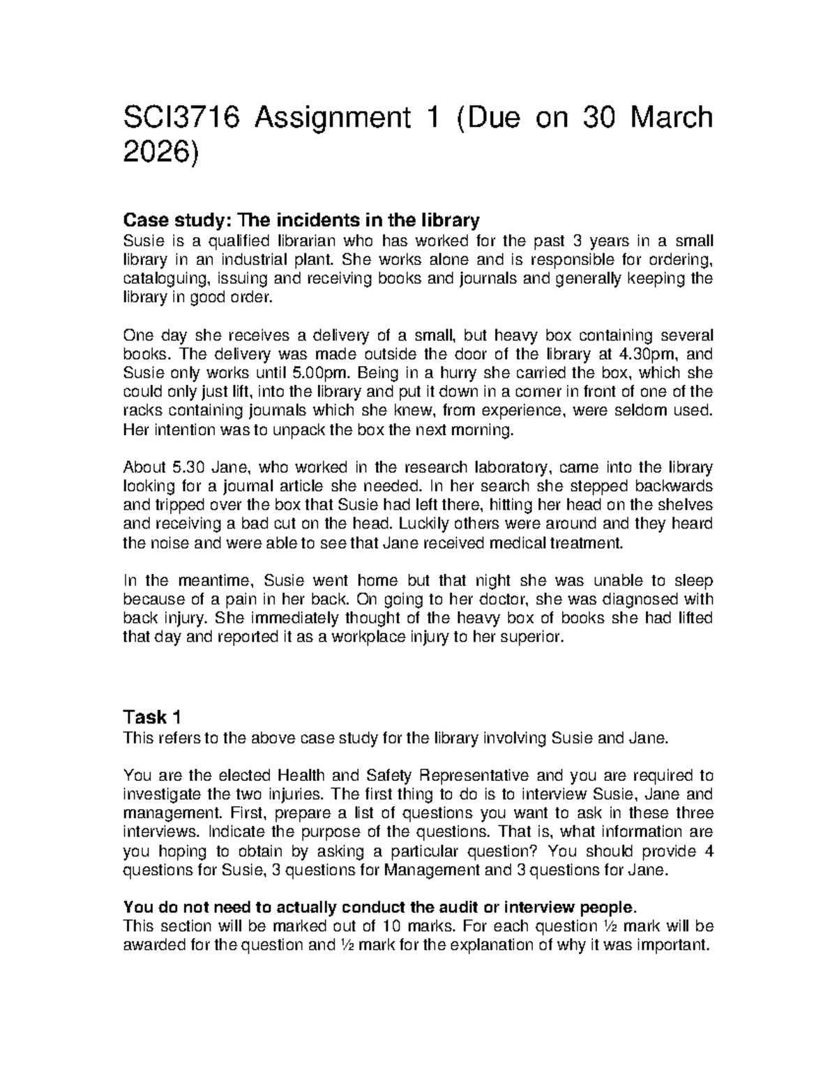 SCI3716 Assignment 1: Case Study on Library Incident Analysis - Studocu