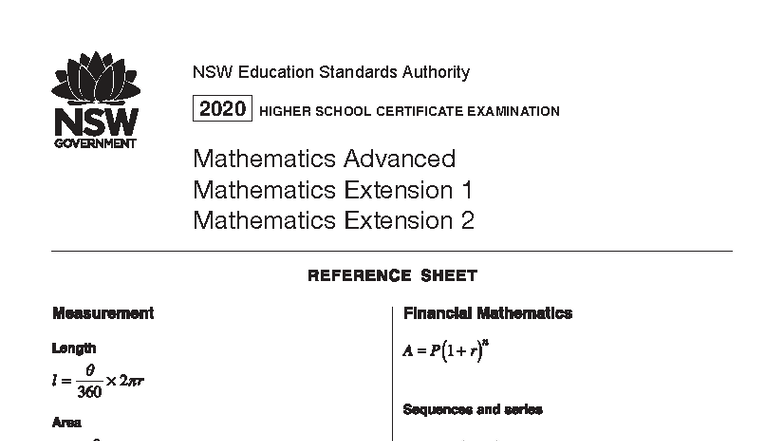 Maths Formula Sheet - – 1 – NSW Education Standards Authority 2020 HIGHER SCHOOL CERTIFICATE ...