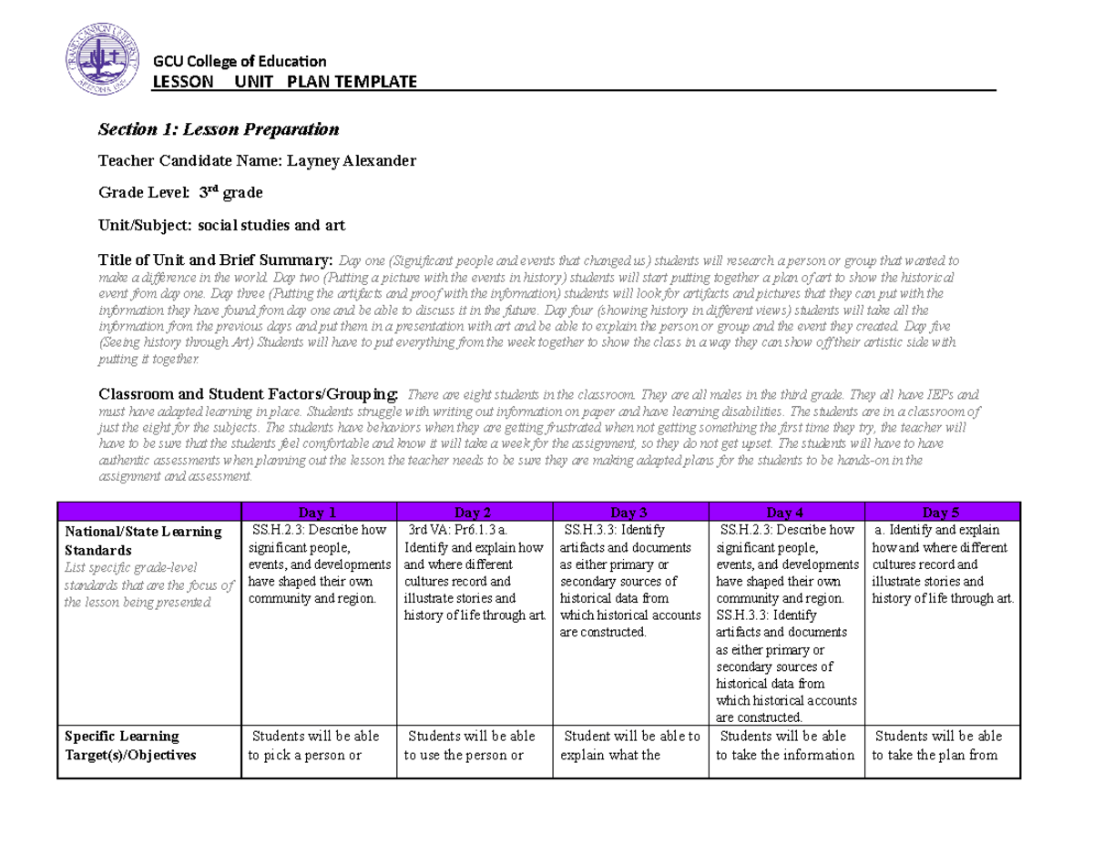 ELM-351 T7 5-Day Lesson Plan on Historical Events & Art - Studocu