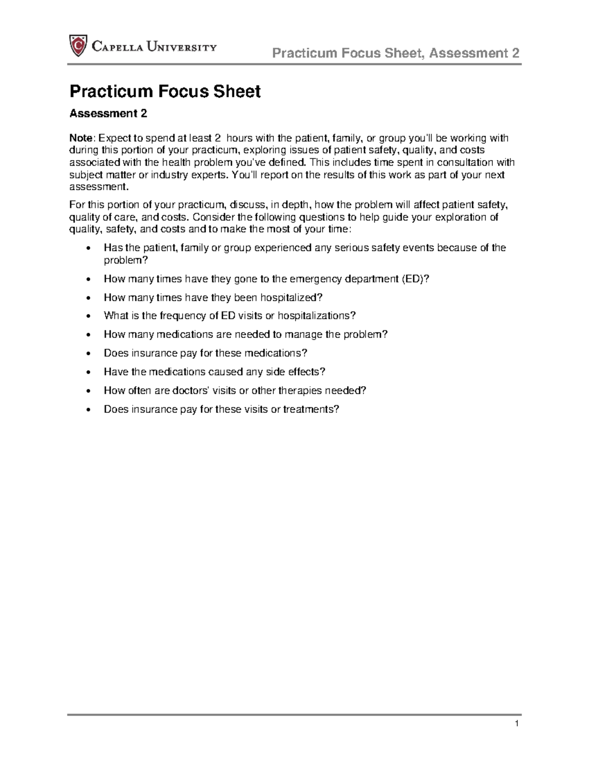 CF U02A1 Practicum Focus Sheet: Assessment 2 on Patient Safety and ...