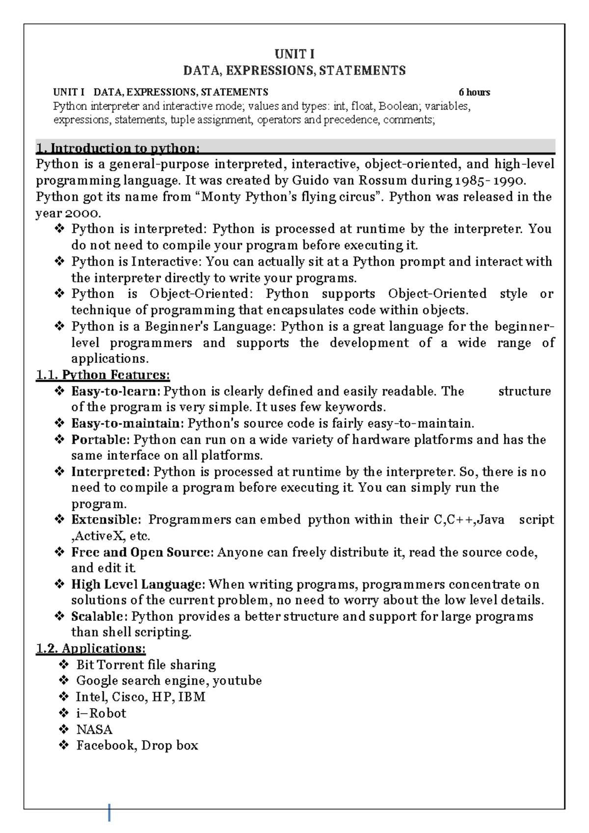 Unit I: Python Programming Notes - Data, Expressions, and Statements ...
