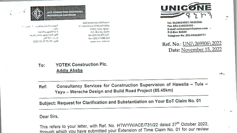 Request for Clarification on EoT Claim No. 01 for Hawella Tula Road ...