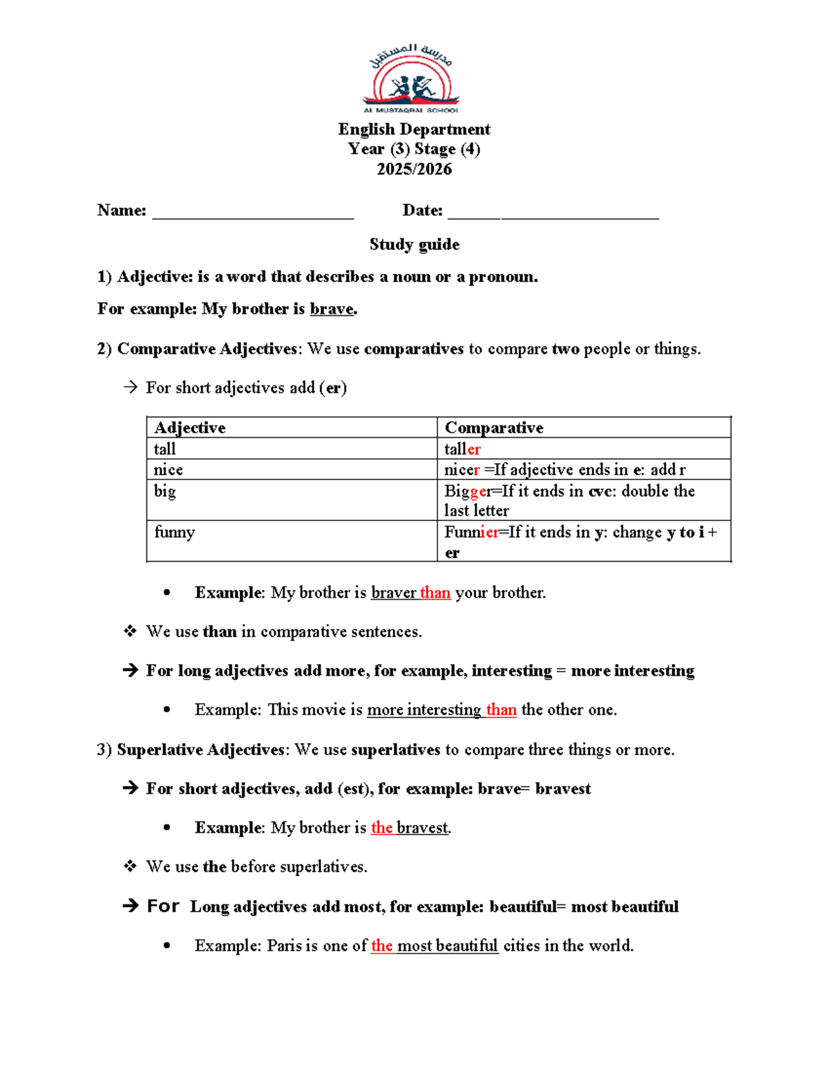 Comparative and Superlative Adjectives Study Guide (Eng 3.4) - Studocu