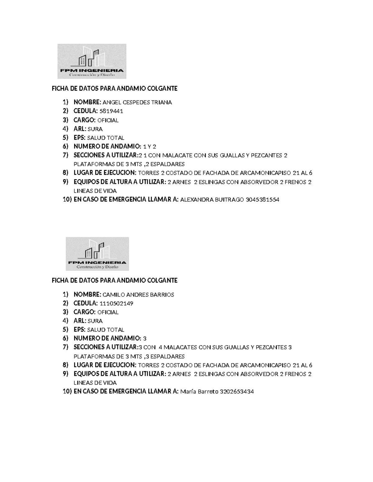 Fichas DE Seguridad - ssddd - FICHA DE DATOS PARA ANDAMIO COLGANTE 1 ...