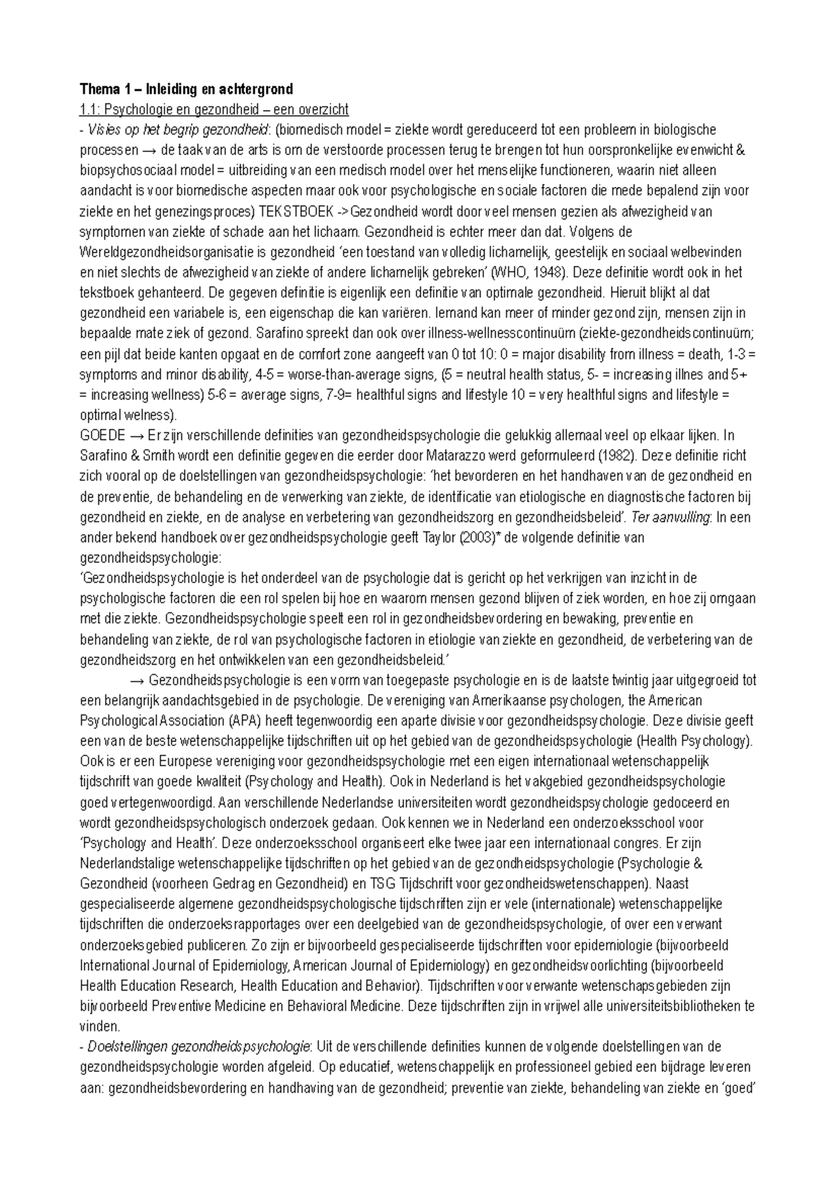 Inleiding in de Gezondheidspsychologie: Thema 1 - Overzicht en ...