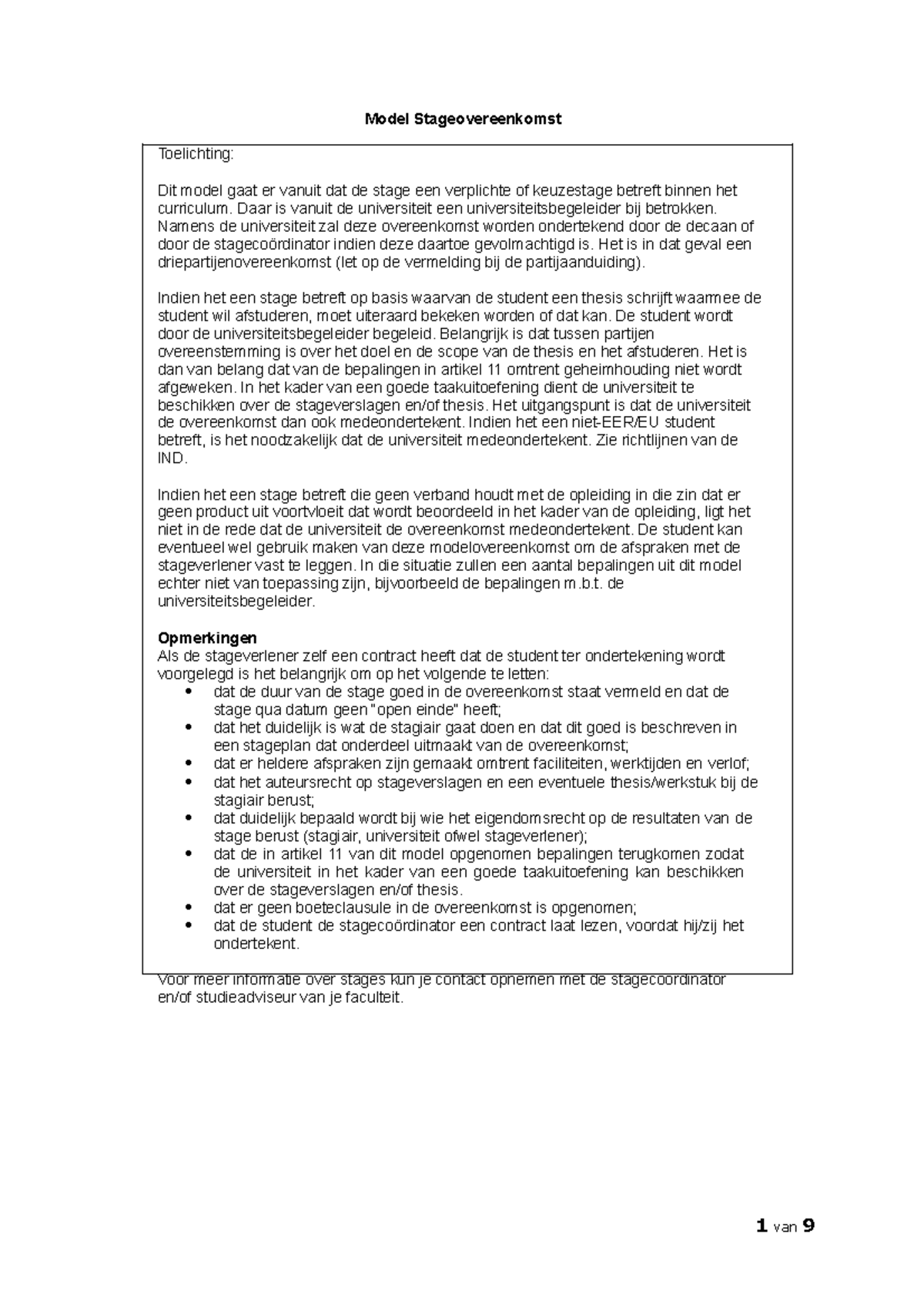 Model Stageovereenkomst voor Verplichte/Keuzestage Ned 20 - Studeersnel