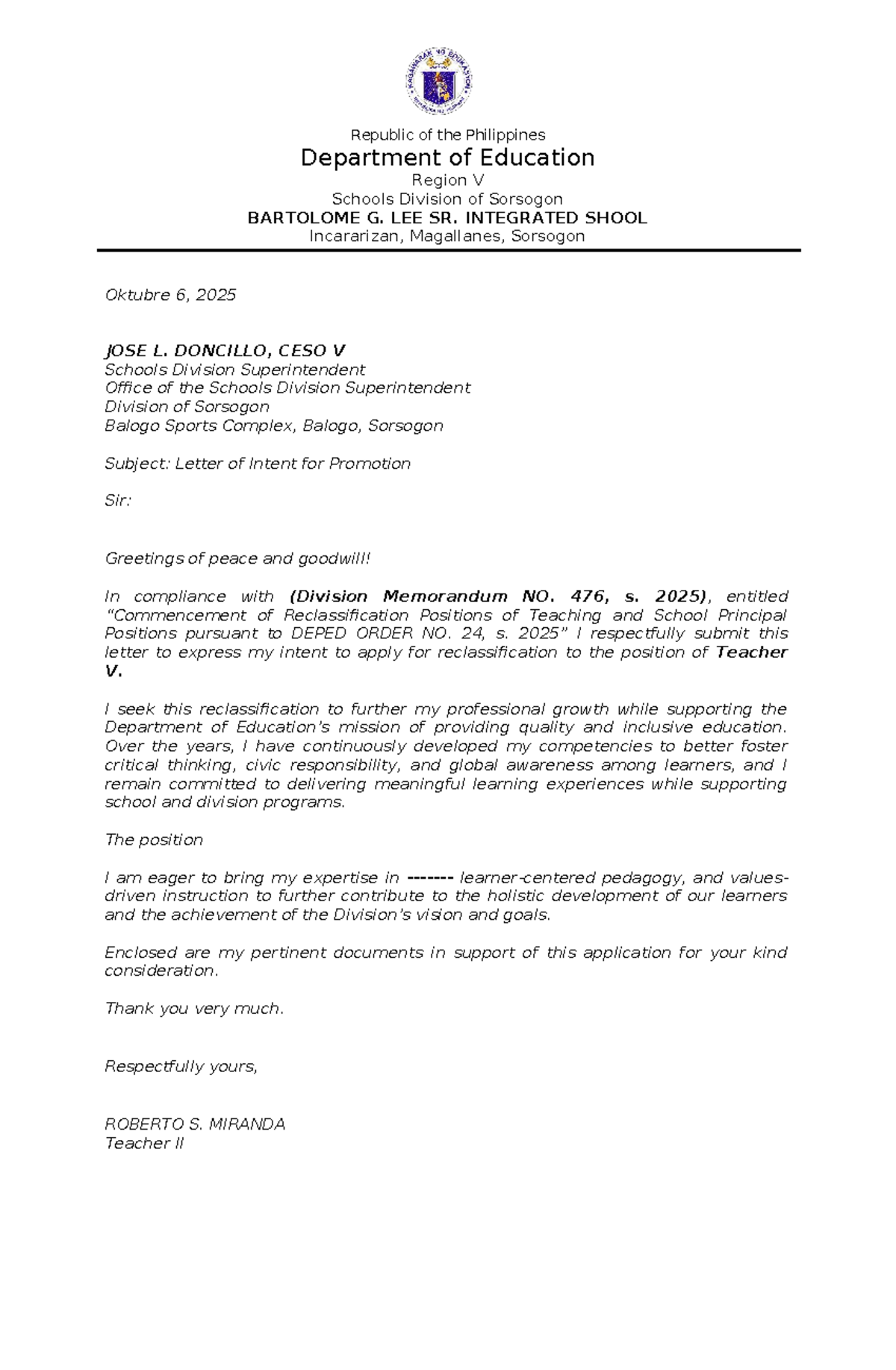 Letter of Intent for Reclassification - Teacher V Application - Studocu