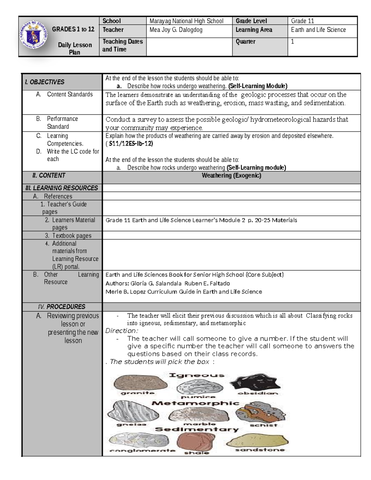 COT Weathering Lesson Plan: Understanding Exogenic Processes - Studocu