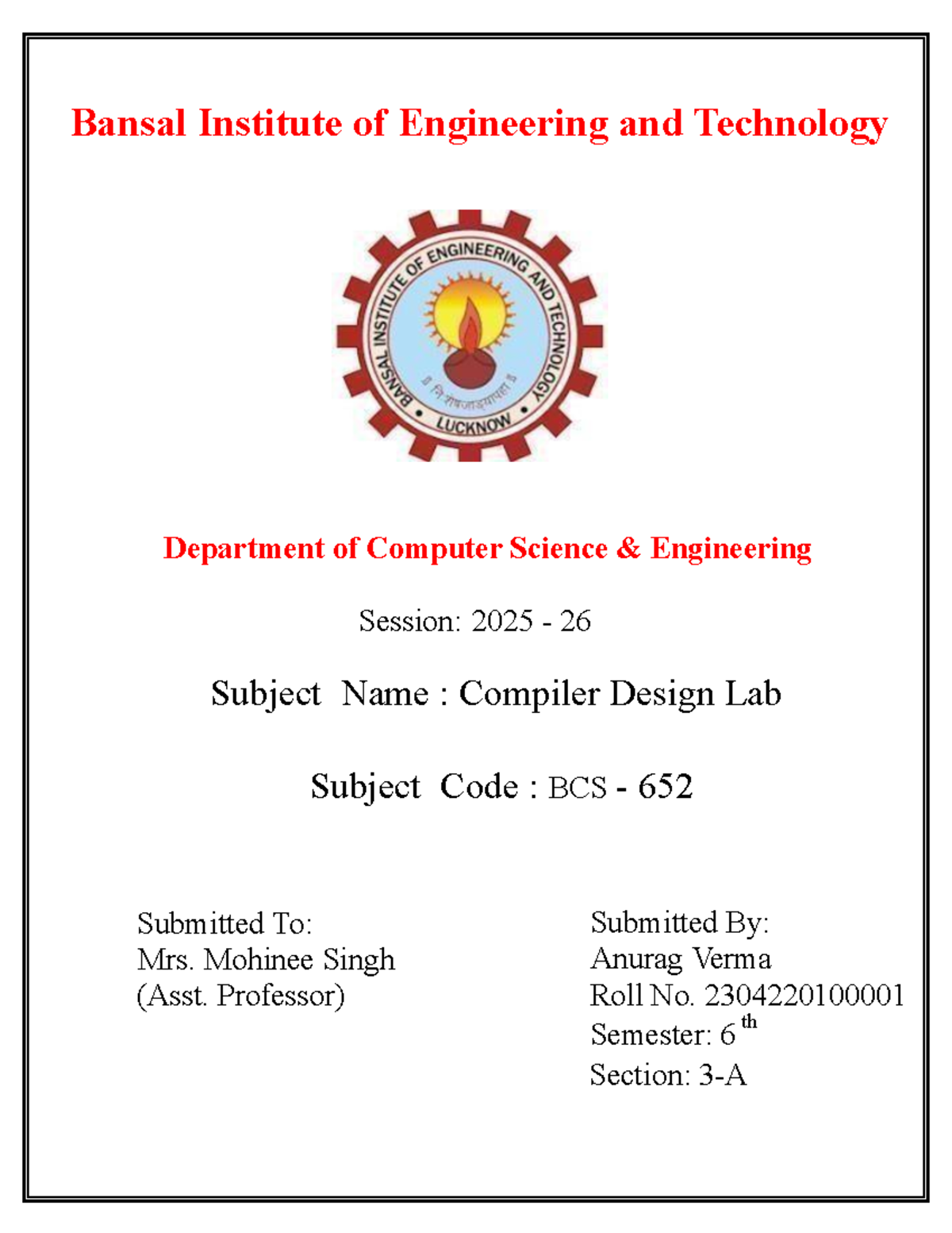 CD Front Page - computer networks - B.Tech CSE (3rd Year) - Bansal ...