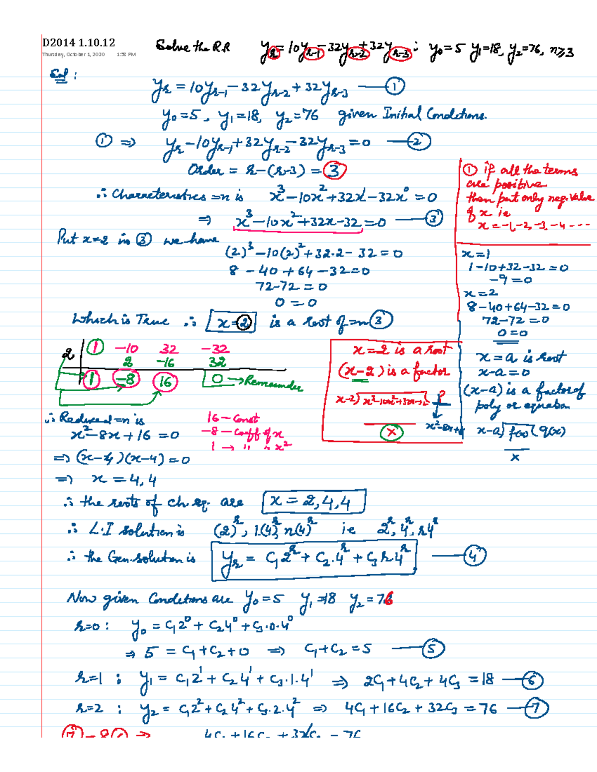 D2014 Recurrence Notes: Solving Initial Conditions in Math - Studocu