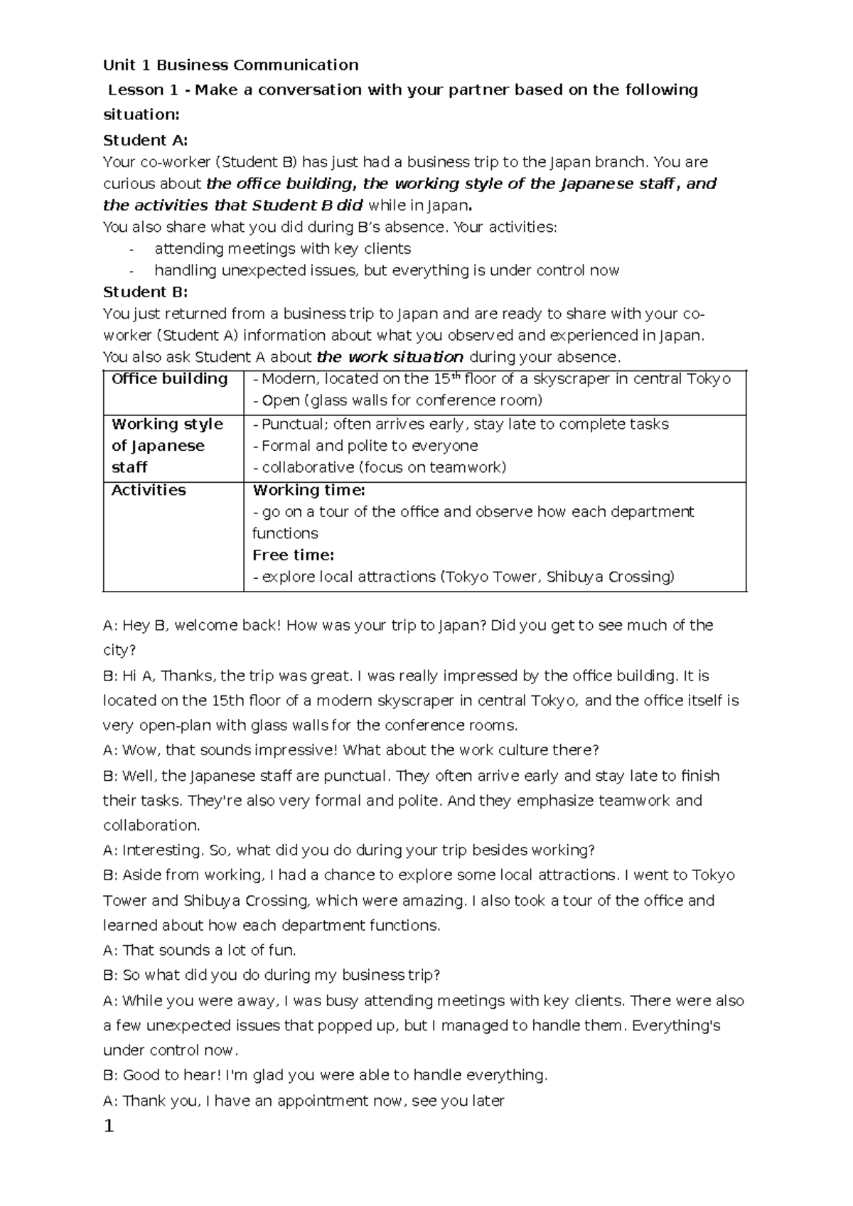 1.UNIT 1 - Lesson 1 - Speaking card - Unit 1 Business Communication ...