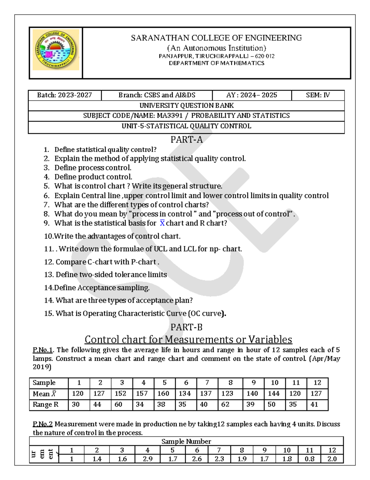 UNIT-5 Question Bank for MA3391: Probability & Statistics Quality ...