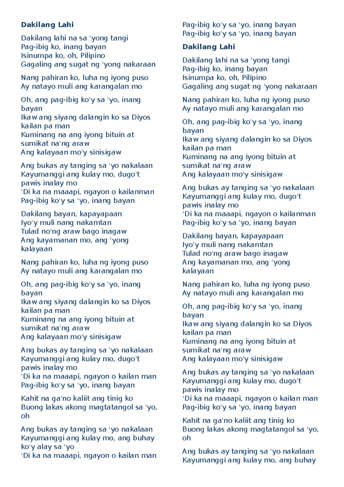 Dakilang Lahi Lyrics and Analysis - Filipino Music Study - Studocu
