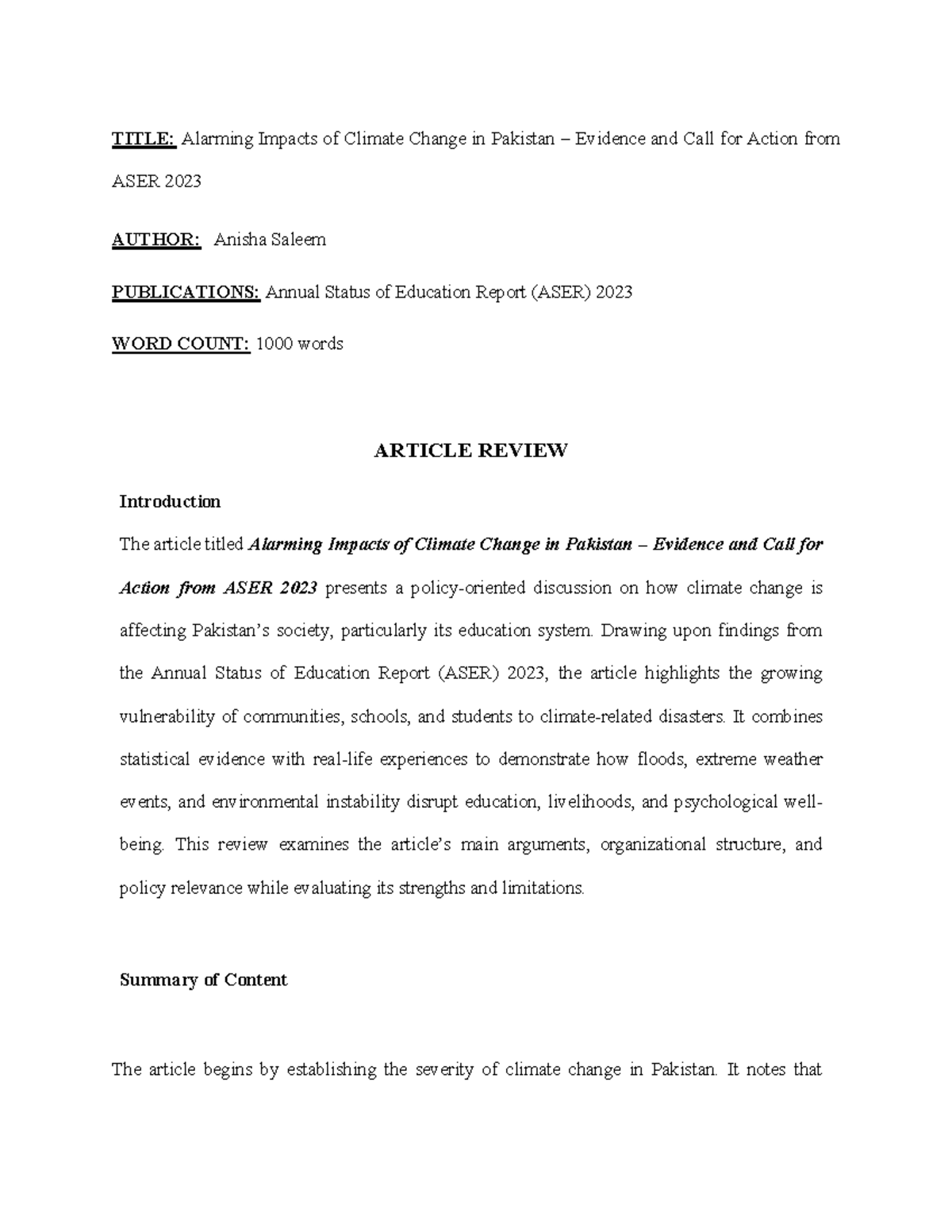 Impacts of Climate Change on Education in Pakistan: ASER 2023 Review ...