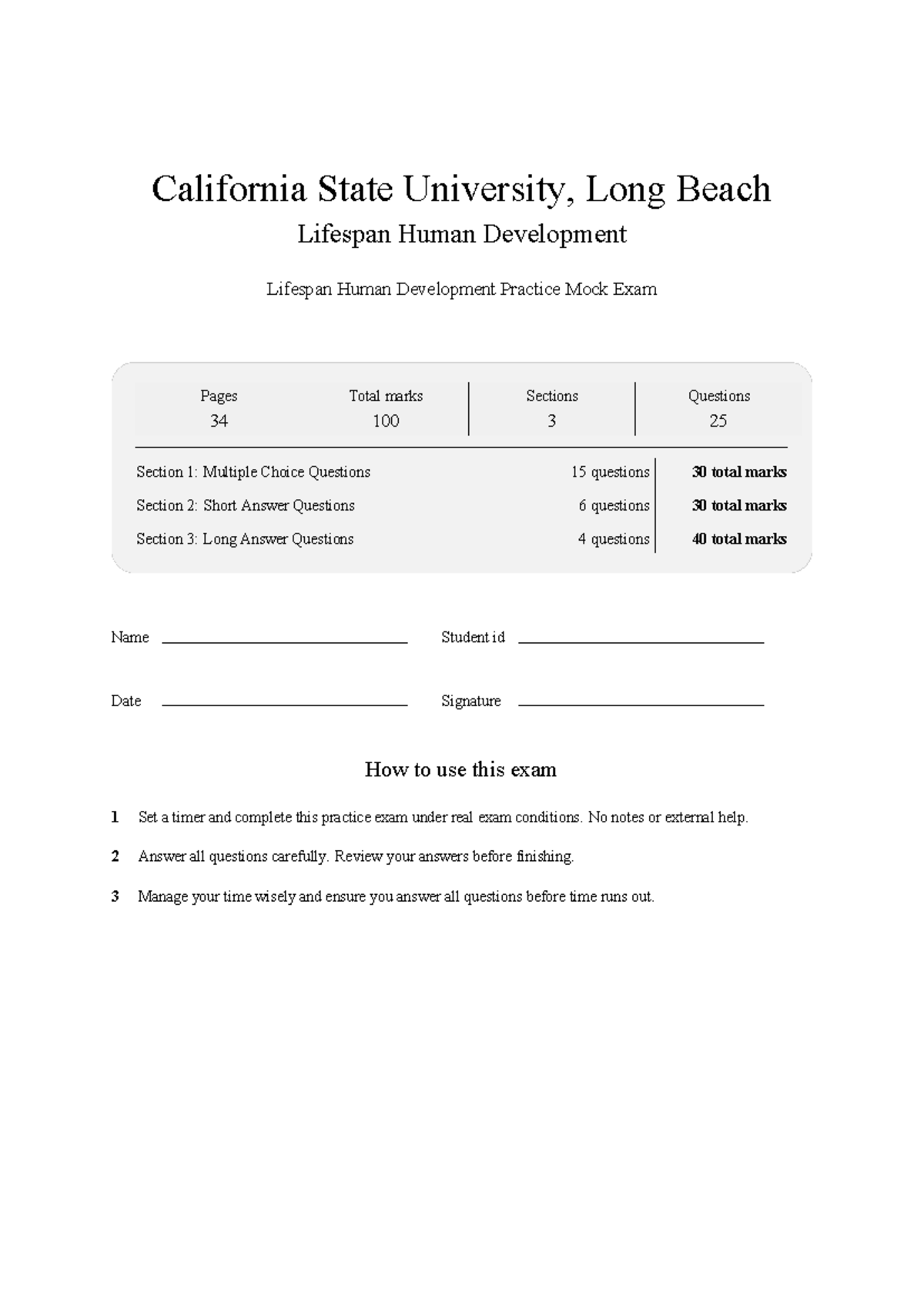 HDEV 180 Lifespan Human Development CSULB Practice Mock Exam 2026 - Studocu