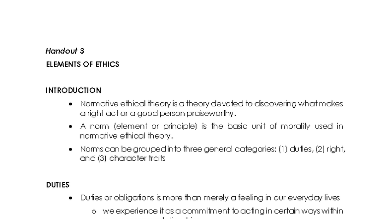 Ethics - Handout 3: Elements of Normative Ethical Theory - Studocu