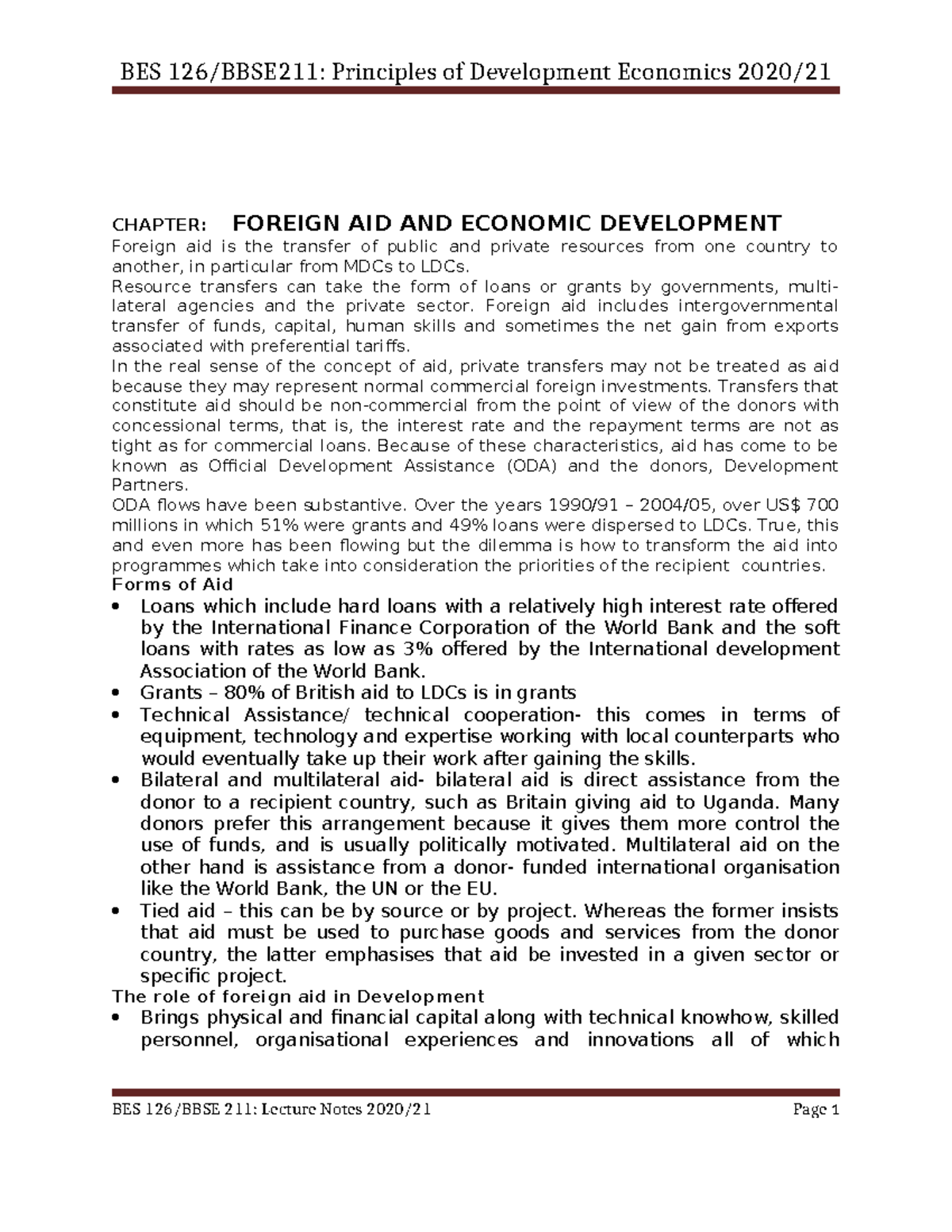 BES 211: Principles of Development Economics - Foreign Aid & Trade ...