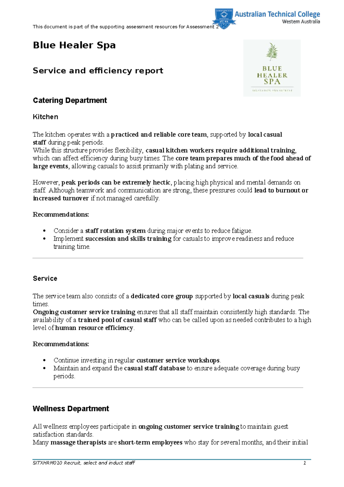 SITXHRM010 Assessment 2: Service & Efficiency Report - Blue Healer Spa ...