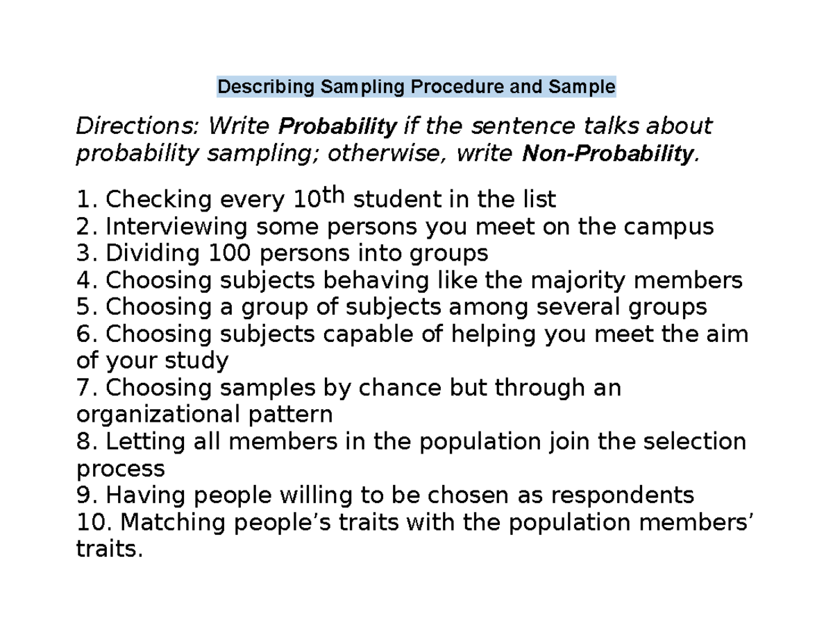 Sampling Procedures: Probability vs Non-Probability Analysis - Studocu
