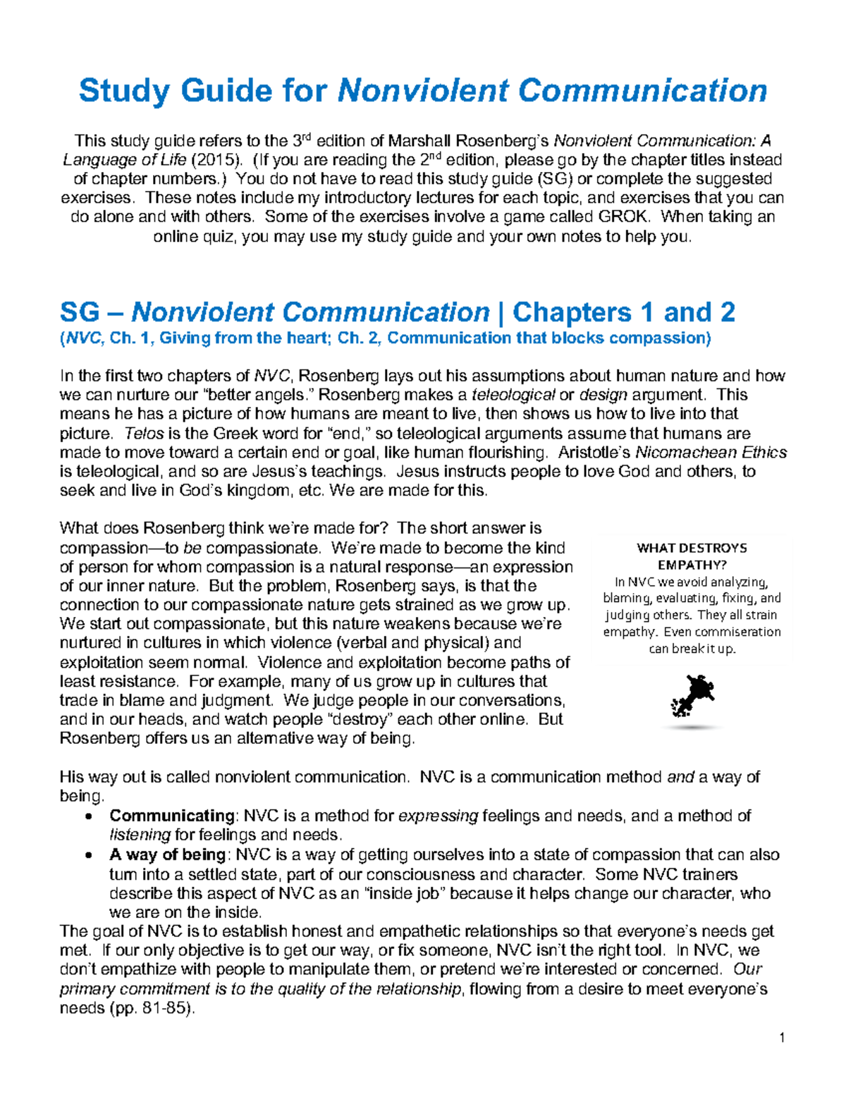 Study Guide for Nonviolent Communication (NVC) - Chapters 1-4 - Studocu