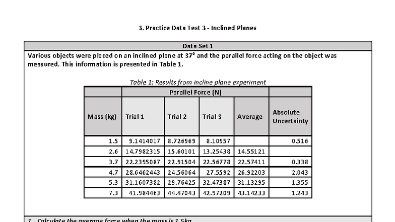 3. Practice Data Test 3 - Inclined Planes - Data Set 1 Various objects ...