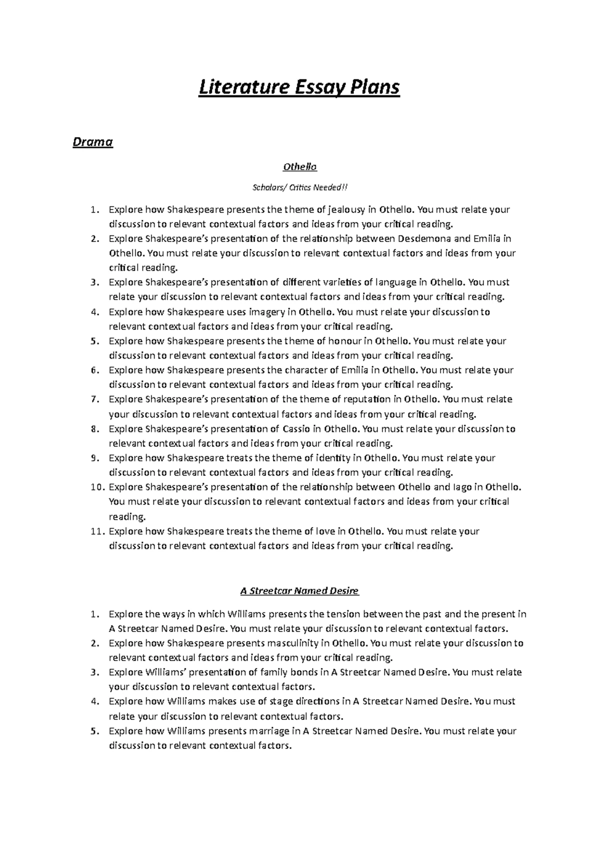 Revision Workbook - Othello - OTHELLO A Level English Literature 2022 ...