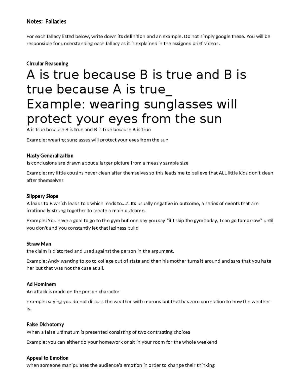 Logical Fallacies Study Notes: Definitions & Examples - Studocu