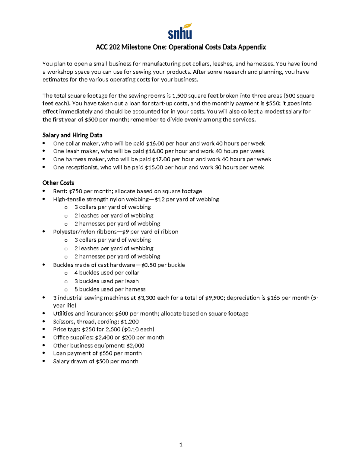 ACC 202 Milestone One: Appendix on Operational Costs for Pet Business ...