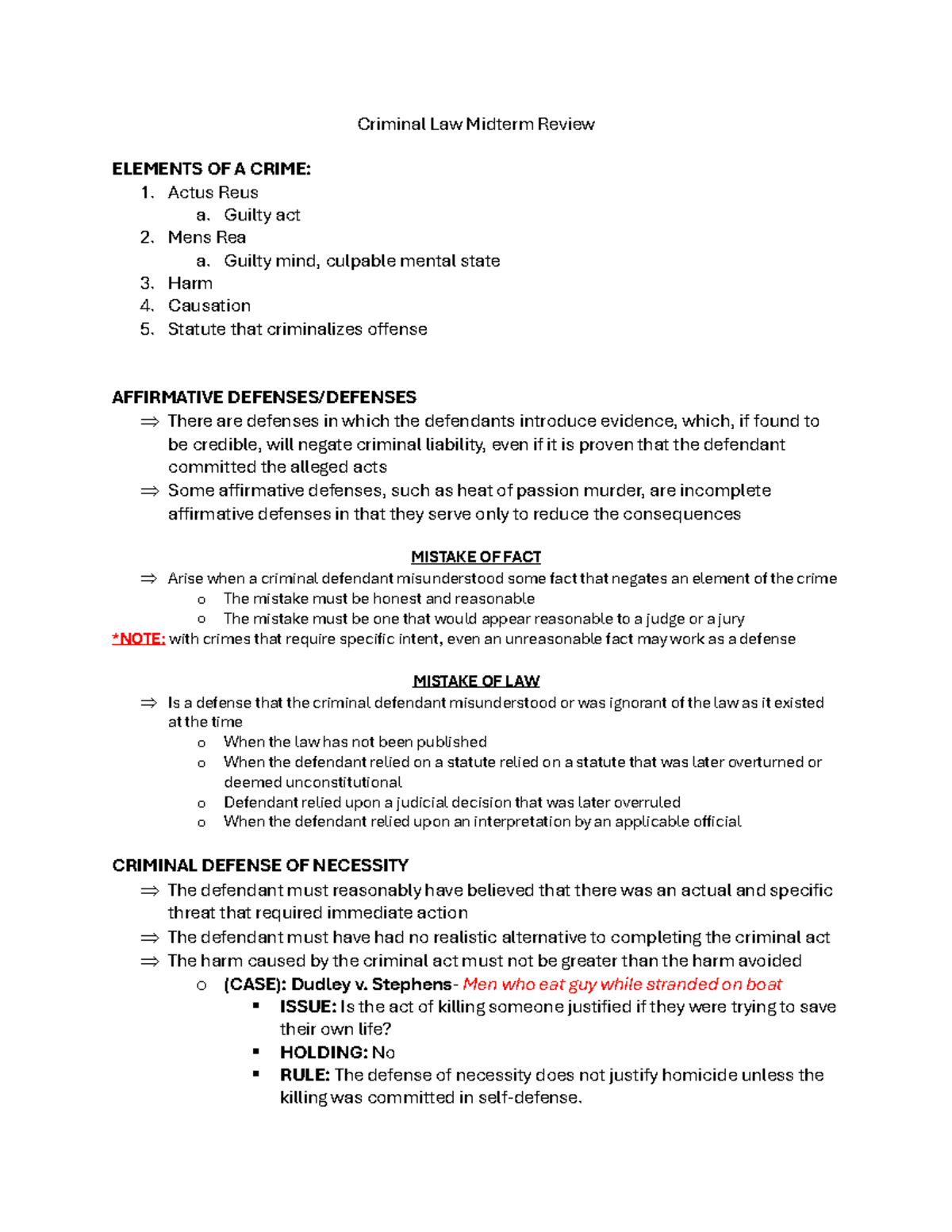 Criminal Law (CRIM 101) Midterm Review: Key Concepts & Defenses - Studocu