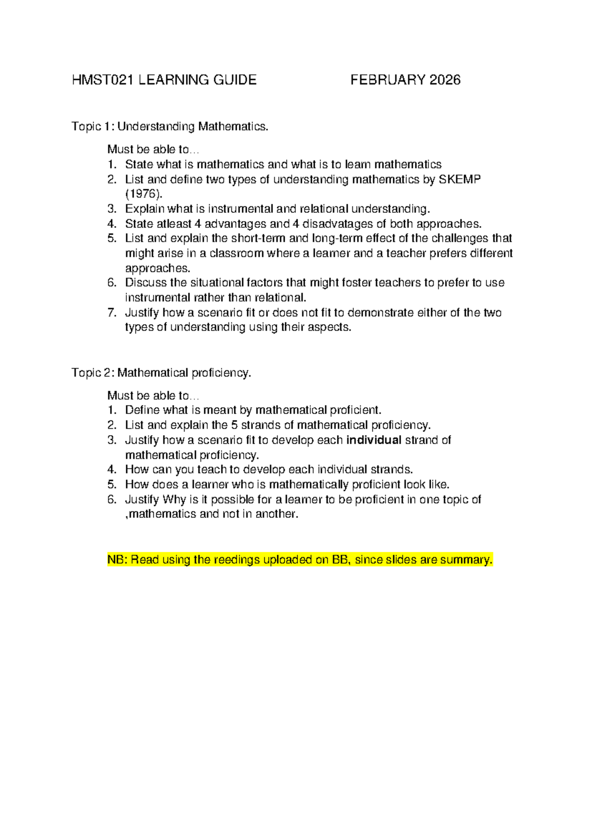 HMST021 Tutorial Guide: Understanding Mathematics & Proficiency - Studocu