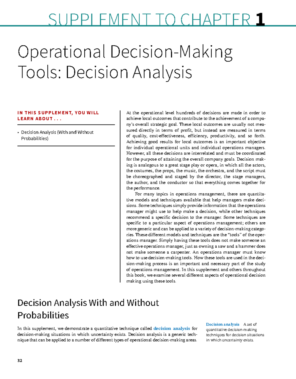 Supplement to Chapter 1: Operational Tools - Decision Analysis (OM Unit ...