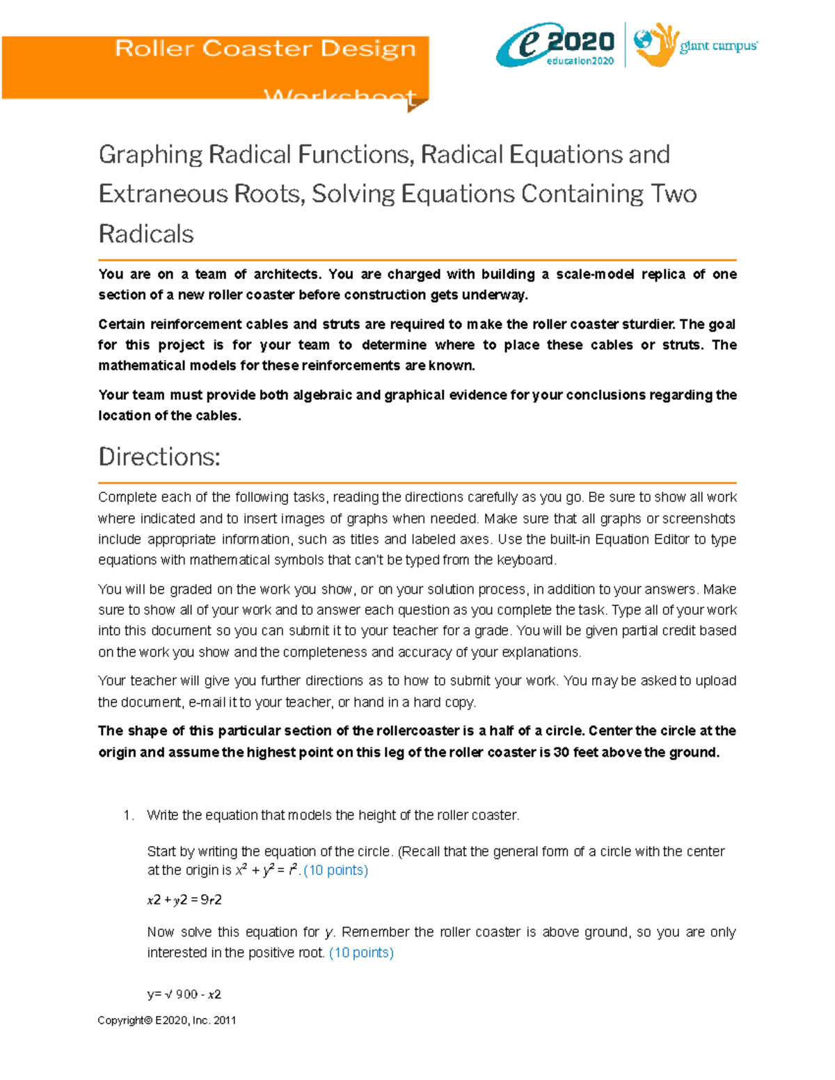 Math Project: Graphing Radical Functions & Roller Coaster Design (E2020 ...