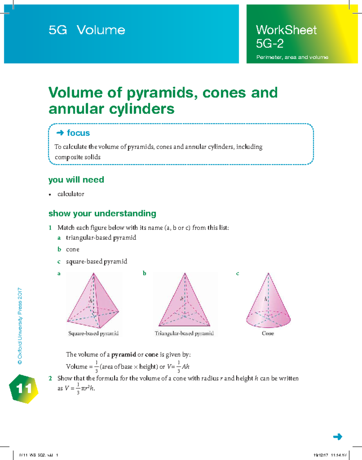 5G Volume Worksheet: Calculating Pyramids, Cones & Cylinders - Studocu