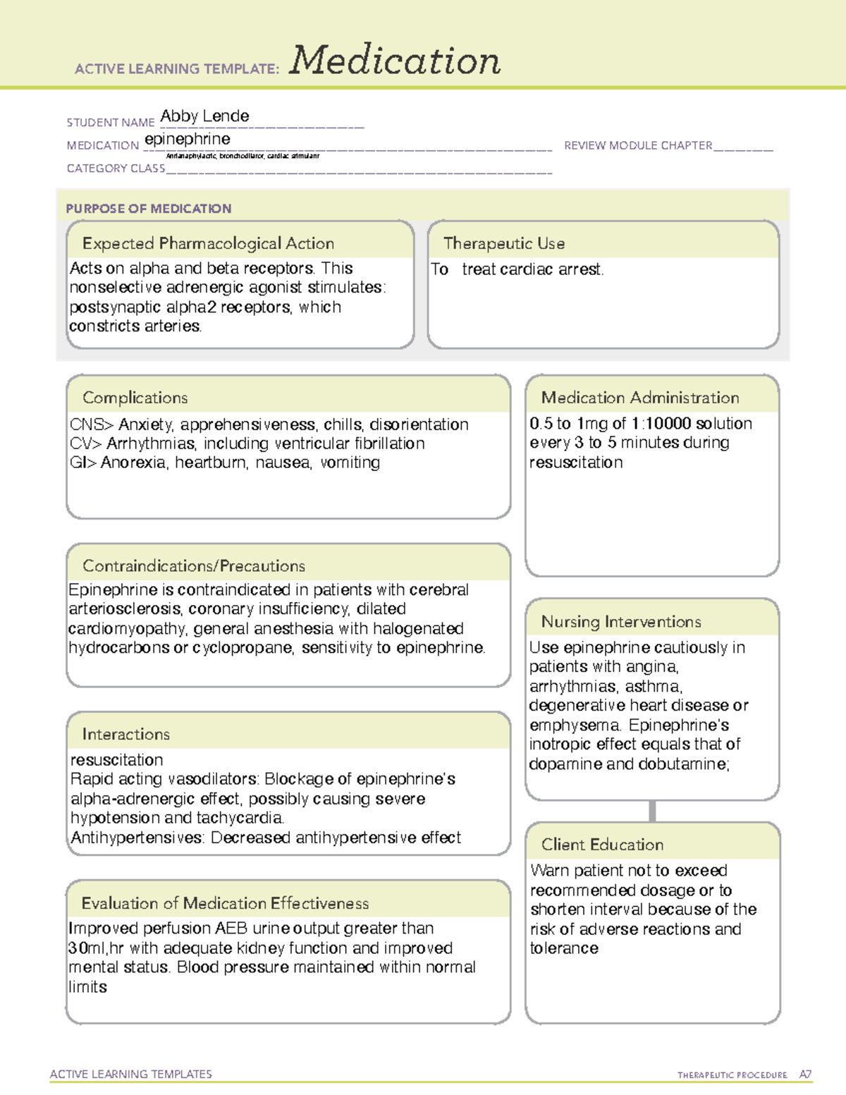 Epinephrine Medication ATI: Active Learning Template & Review Notes ...