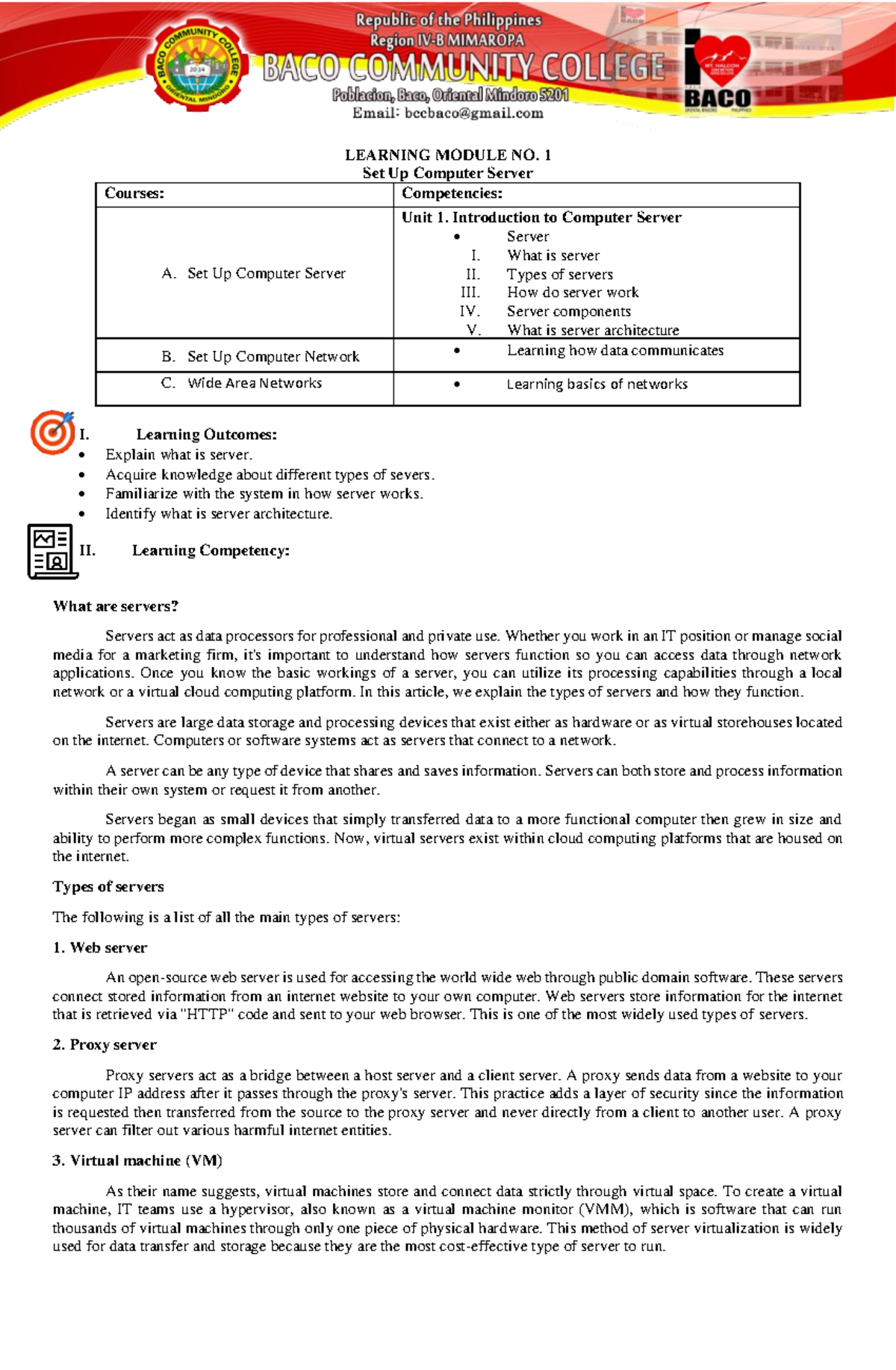 SET UP Computer Server - Learning Module NO 1 - LEARNING MODULE NO. 1 Set Up Computer Server ...