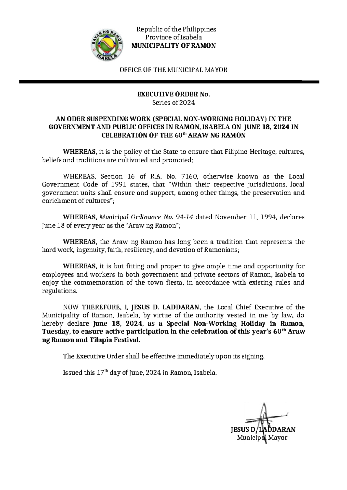 EO RE: Special Non-Working Holiday in Ramon, Isabela for Araw ng Ramon ...