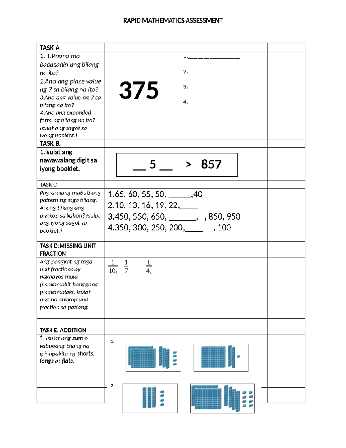Rapid Mathematics Assessment: Tasks A to I Overview - Studocu