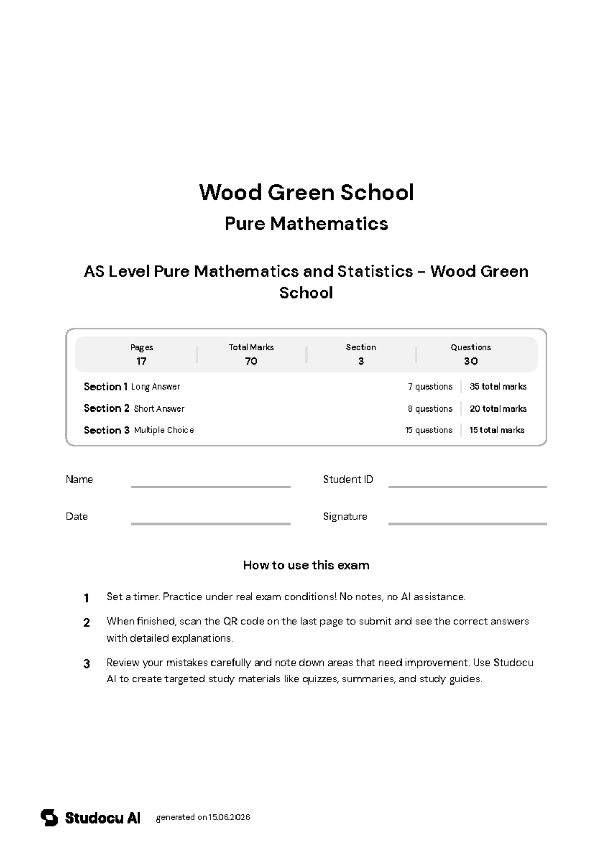 AS Level Pure Mathematics & Statistics Exam - Wood Green School - Studocu