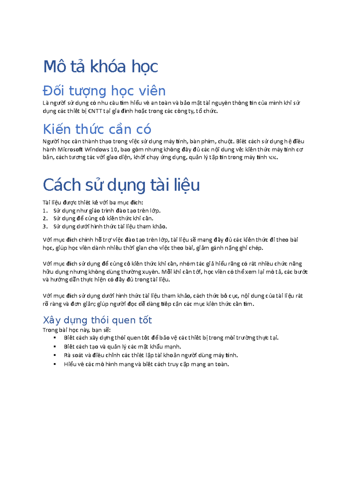 Nhan thuc ve an ninh V0.3 - Mô tả khóa học Đối tượng học viên Là ng i s ...