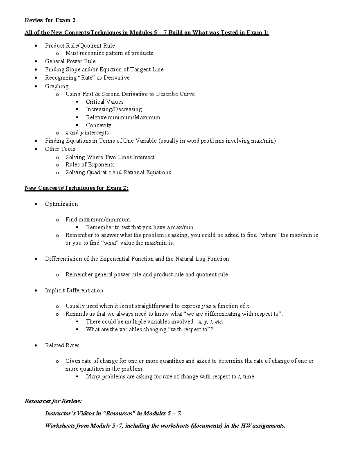 Review for Exam 2: Calculus Concepts and Techniques - Studocu