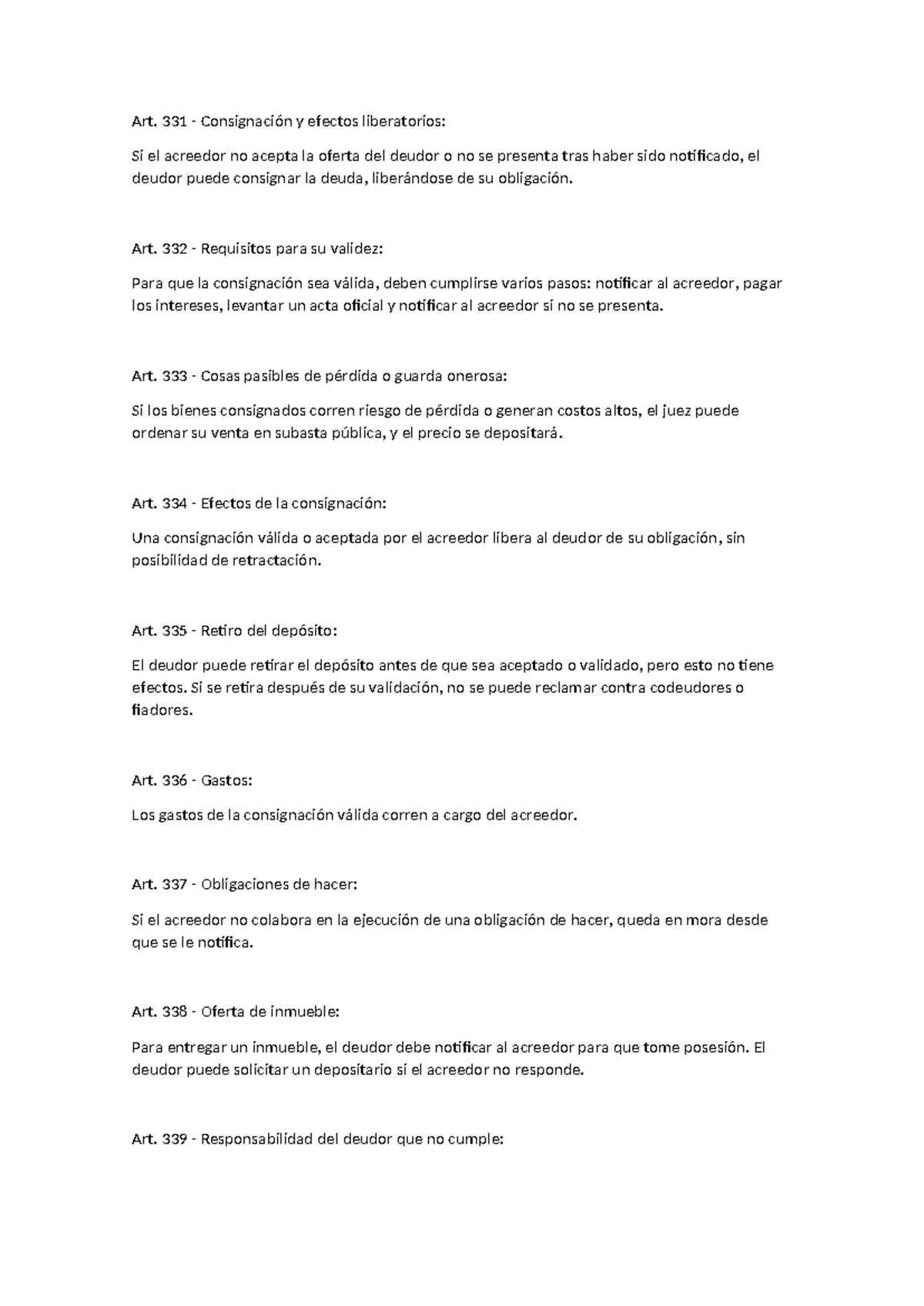 Interpretación de Artículos 331 a 375 sobre Consignación y Mora - Studocu