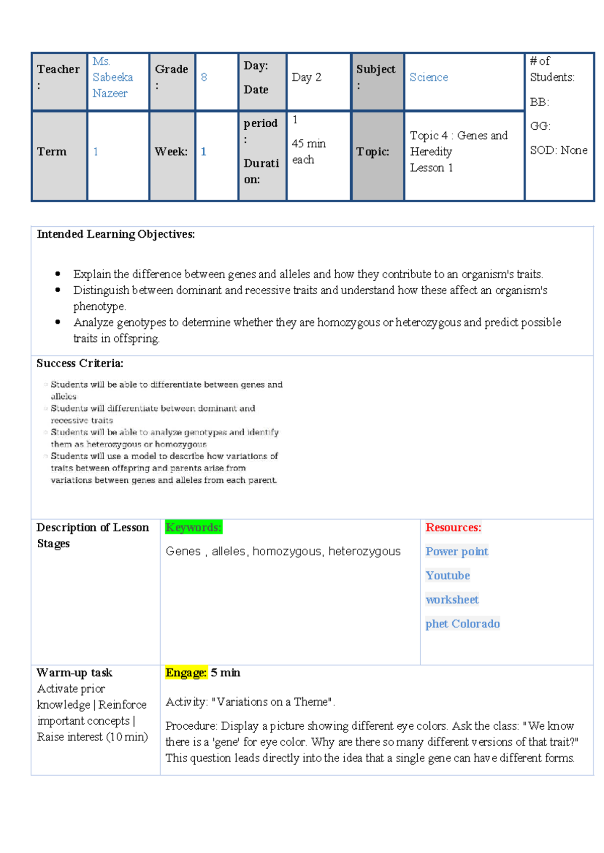 Grade 8 Science: Genes and Heredity Lesson 2 Overview - Studocu