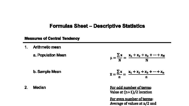 232 formula sheet - Formulas Sheet Descriptive Statistics Measures of ...