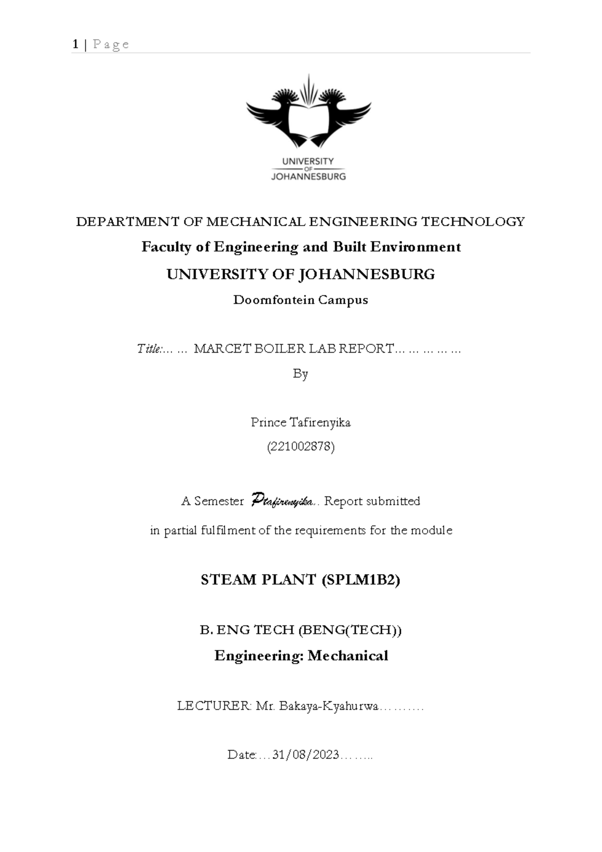 MARCET BOILER LAB REPORT - SPLM1B2 - Mechanical Engineering Study - Studocu